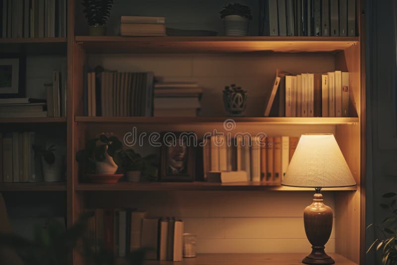 Cozy Home Library Corner with Warm Lamp Lighting and Bookshelves Stock ...