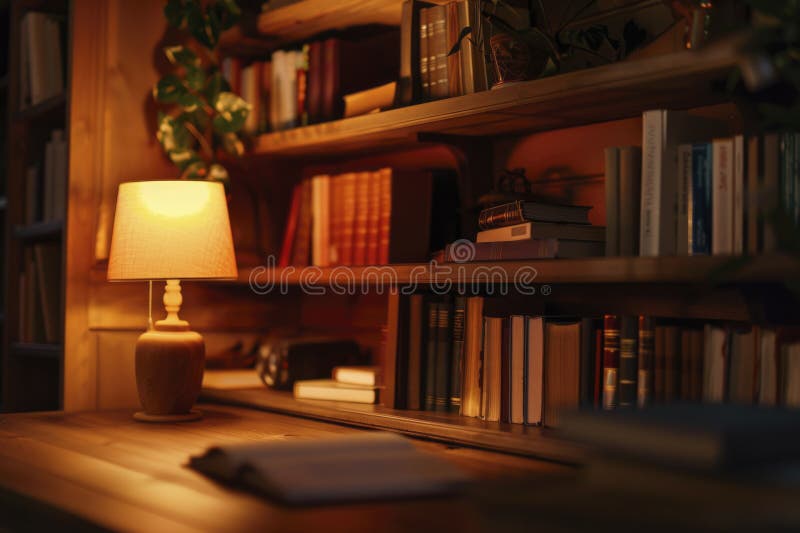 Cozy Home Library Corner with Warm Table Lamp and Bookshelves Stock ...