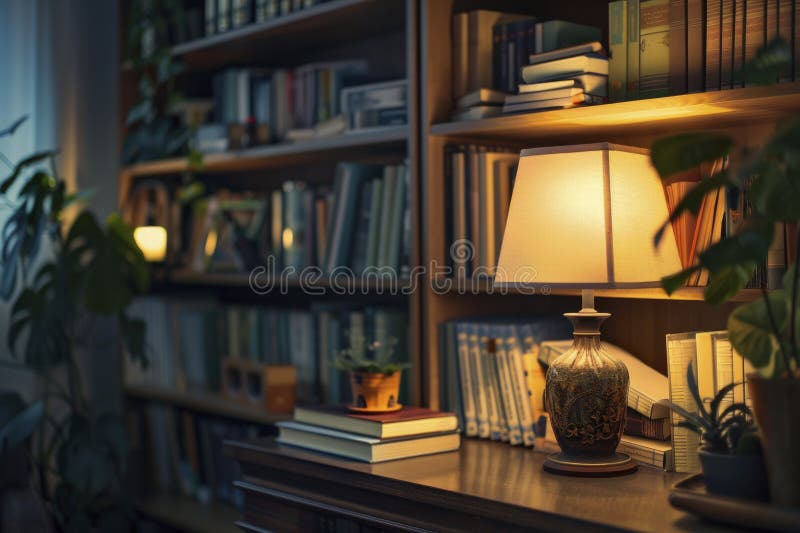 Cozy Home Library Corner with Warm Table Lamp Light Stock Photo - Image ...