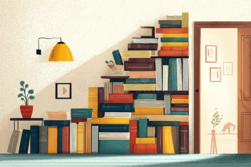 Cozy Home Library Filled with Colorful Stacked Books and Inviting Open ...