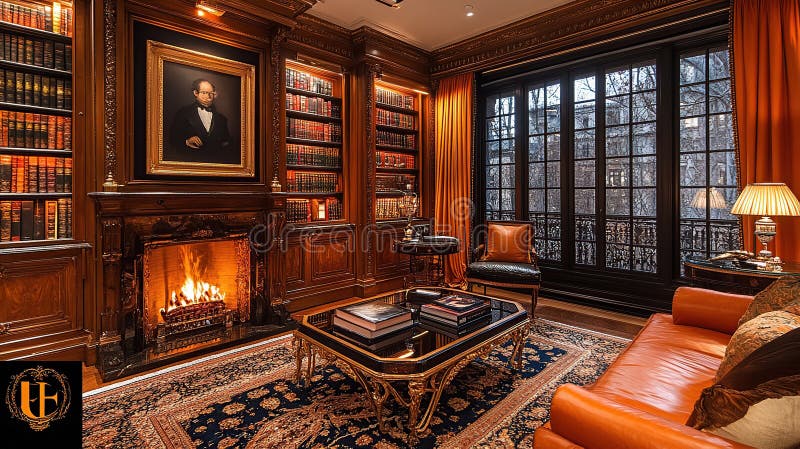 Cozy Home Library, Fireplace Lit, City View Interior Design Use Stock ...