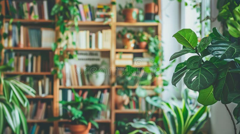 Cozy Home Library with Green Plants and Bookshelves Stock Photo - Image ...