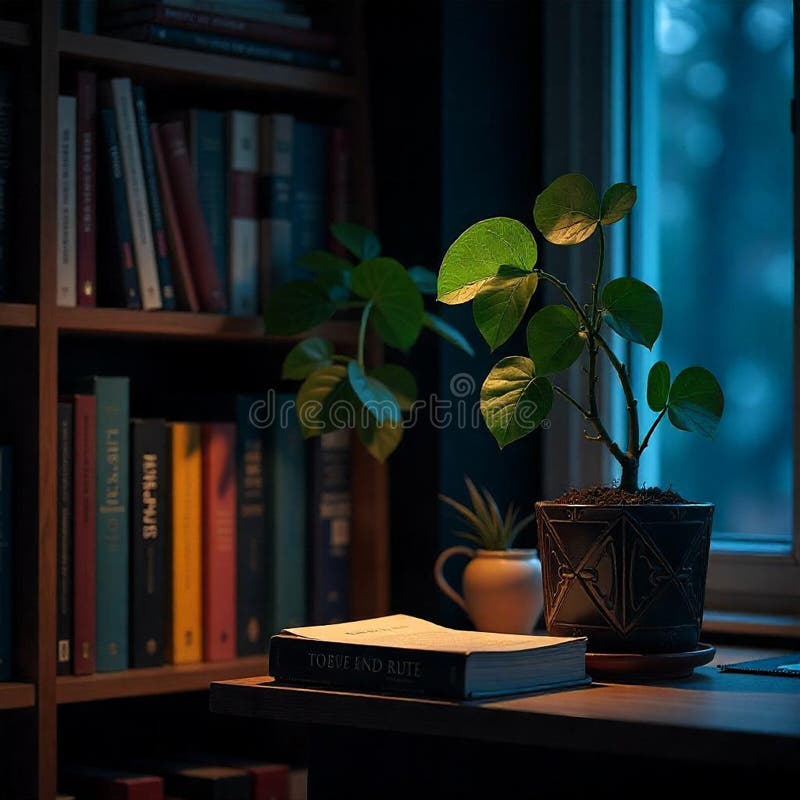 Cozy Home Library Interior with Plants and Books Stock Image - Image of ...
