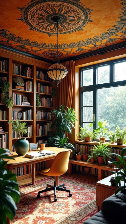 Cozy Home Library with Plants and Ornate Ceiling in Sunlit Room Stock ...