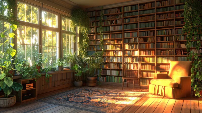 Cozy Home Library, Soft Lighting, Immersed in Literary Worlds and ...