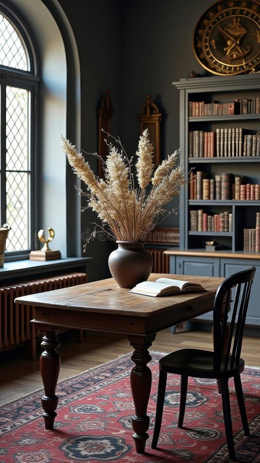 Cozy Home Library with Vintage Bookshelf and Rustic Decor Stock ...