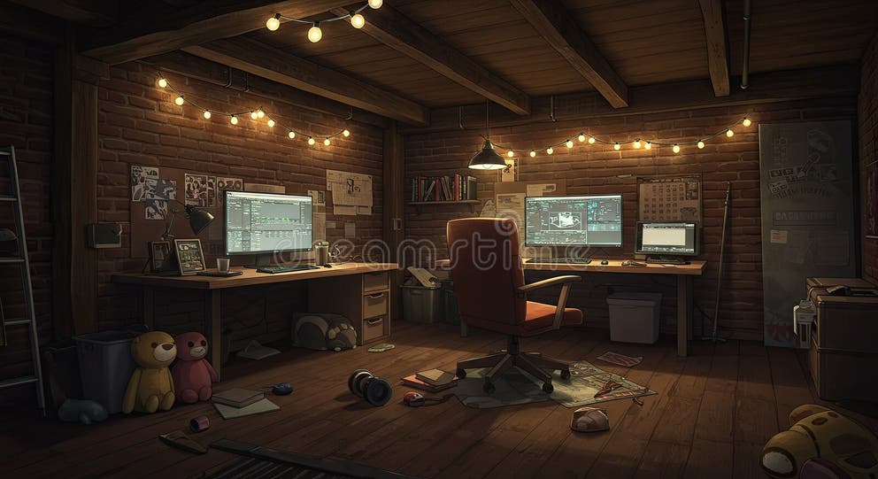 Cozy Home Office in Attic with Computer Setup and String Lights Stock ...
