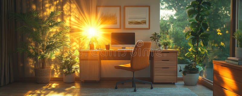 A Cozy Home Office Bathed in Warm Sunlight, Featuring Plants and a ...