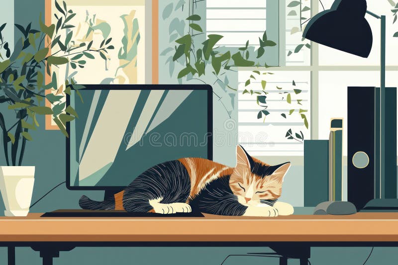 Cozy Home Office with Cat Sleeping on Desk, Creating Relaxed Working ...