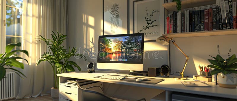 A Cozy Home Office with a Computer and Desk Stock Illustration ...