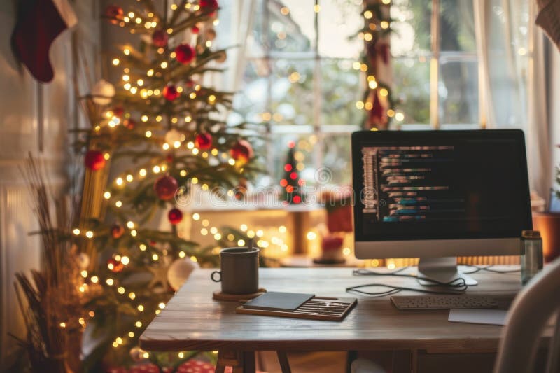 Cozy Home Office with a Computer on the Desk, Decorated for Christmas ...