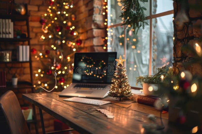 Cozy Home Office with a Computer on the Desk, Decorated for Christmas ...