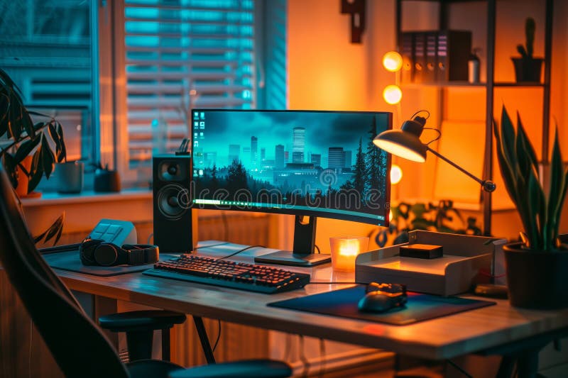 Cozy Home Office with Computer and Warm Lighting Stock Image - Image of ...