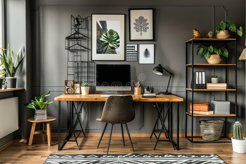 A Cozy Home Office with a Desk, Chair, Computer, and Shelves Stock ...
