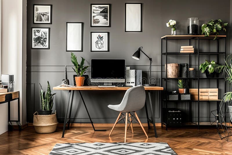 A Cozy Home Office with a Desk, Chair, Computer, and Shelves Stock ...