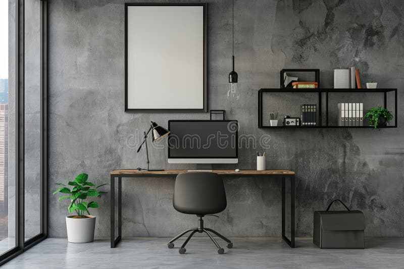 A Cozy Home Office with a Desk, Chair, Computer, and Shelves Stock ...