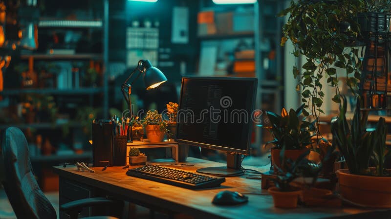 Cozy Home Office Desk with Plants and Computer in Warm Lighting Stock ...
