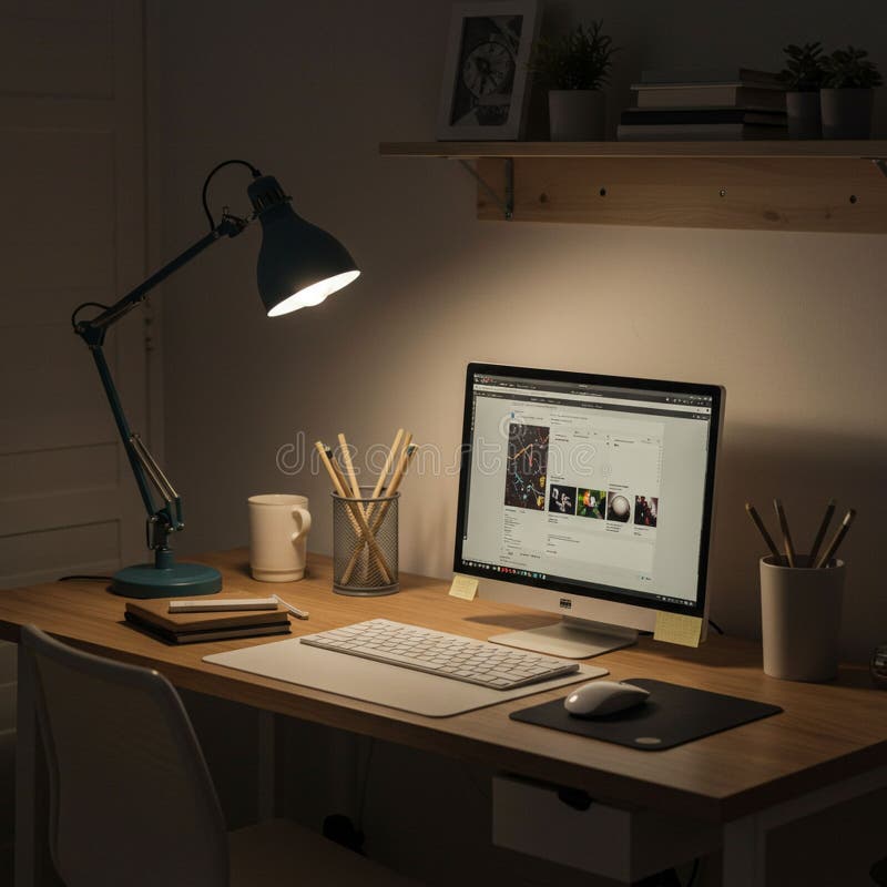 A Cozy Home Office Desk Setup Featuring a Computer Monitor Displaying a ...