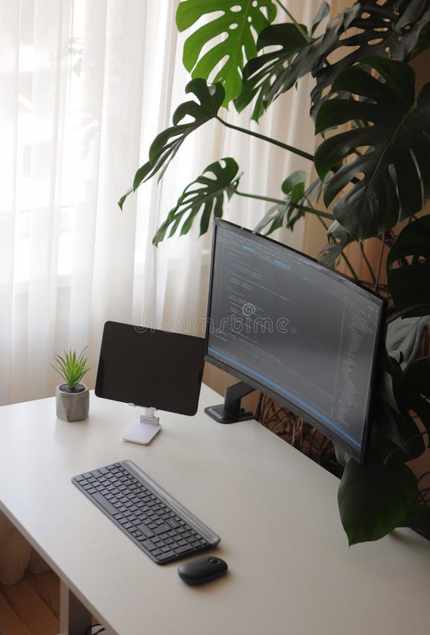 Curved Big Screen with Laptop. Stylish and Modern Work Place at Home ...