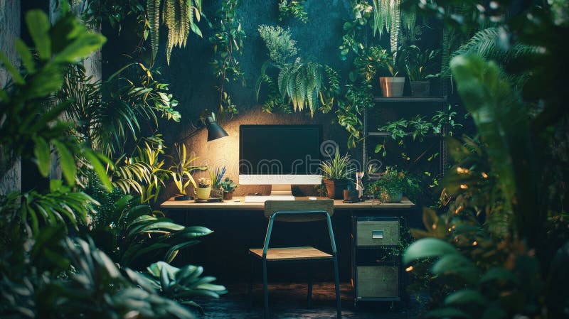 Cozy Home Office with Lush Indoor Plants and a Modern Computer Setup ...