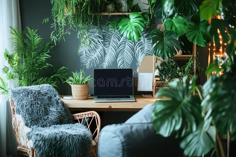 Cozy Home Office Filled with Plants, Creating Vibrant Workspace for ...
