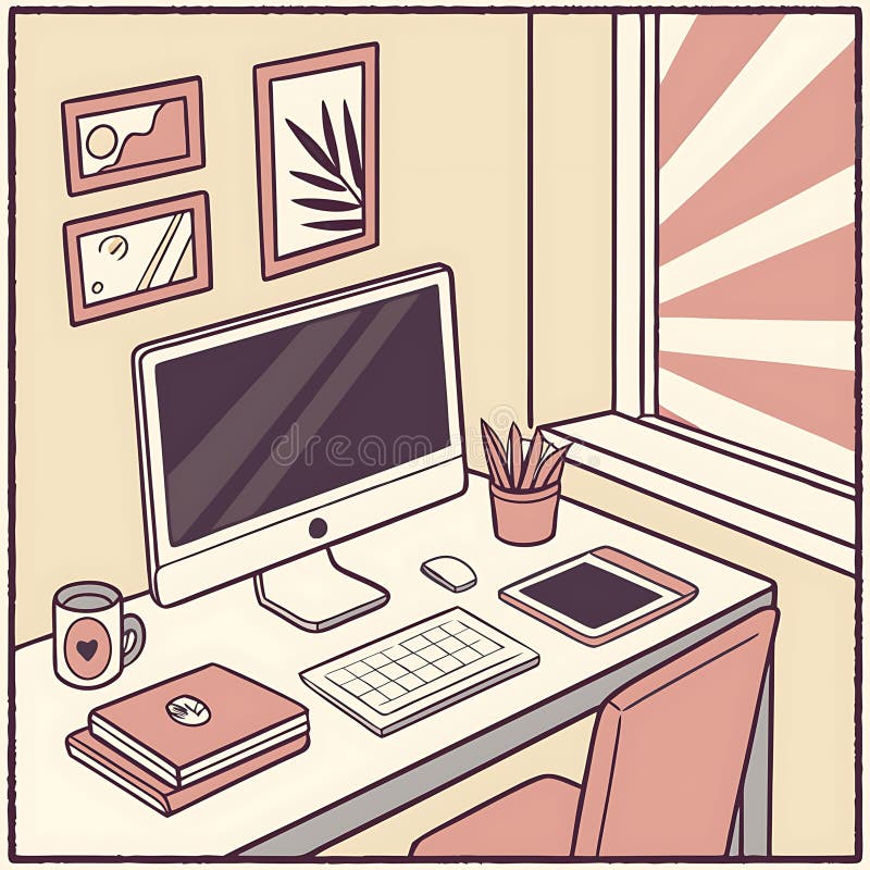 Cozy Home Office Illustration with Computer, Desk, and Artwork Stock ...