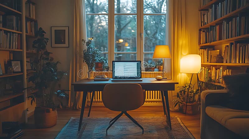 Cozy Home Office, Laptop Screen, Evening, Bookshelves, Window Stock ...