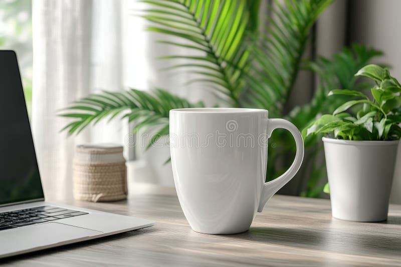 Cozy Home Office with Laptop, White Mug and Plants Creating a Relaxing ...