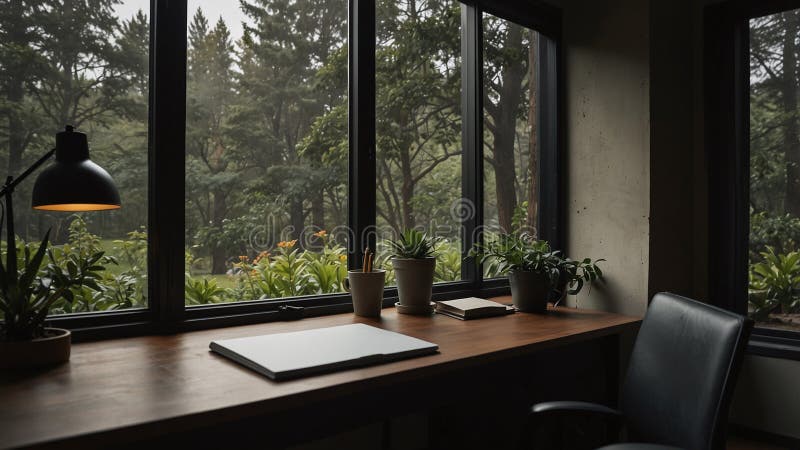 Cozy Home Office with Large Windows Overlooking a Forest and Decorated ...