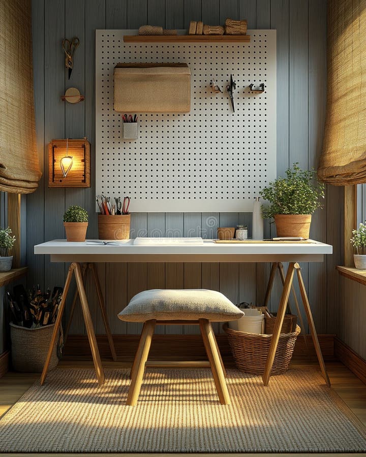 Cozy Crafting Nook with Pegboard Organizer Stock Illustration ...