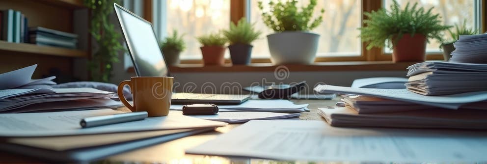 Cozy Home Office with Paperwork and Plants in Sunlit Space Stock Image ...