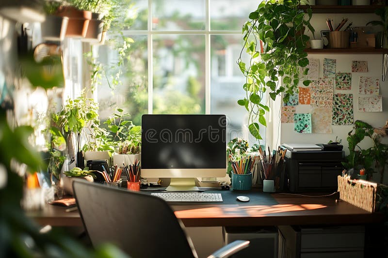 Cozy Home Office with Plants and Natural Light in a Modern Workspace ...