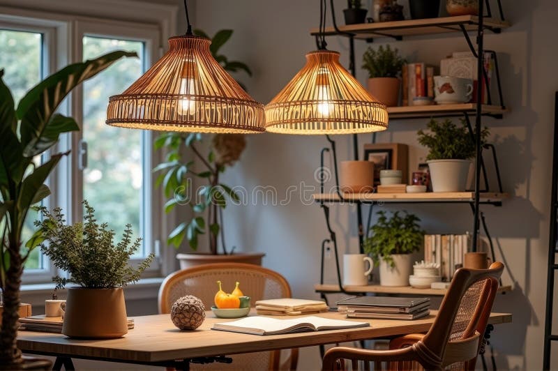 Cozy Home Office with Rattan Lighting and Indoor Plants in Daylight ...