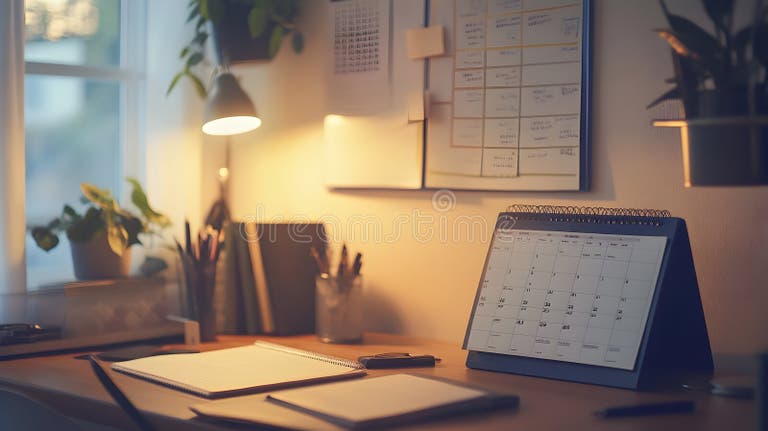 Cozy Home Office Setup with Calendar and Notebooks in Soft Lighting ...