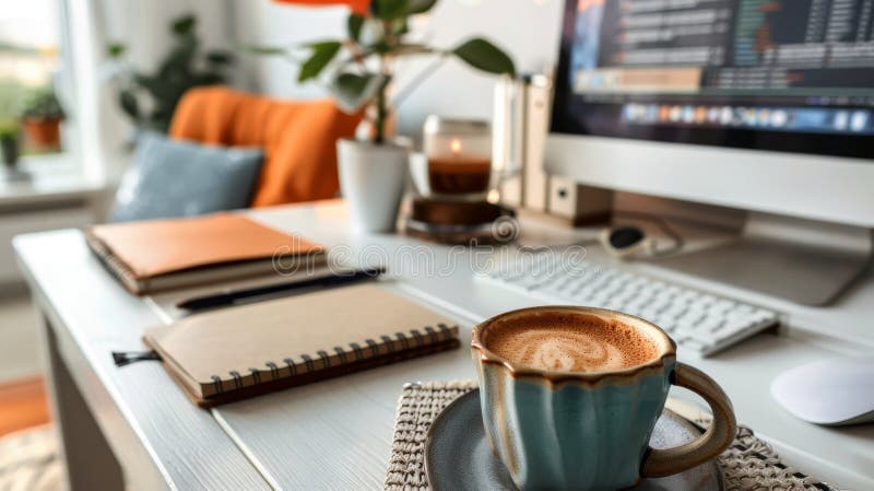 Cozy Home Office Setup with Coffee and Computer Stock Photo - Image of ...