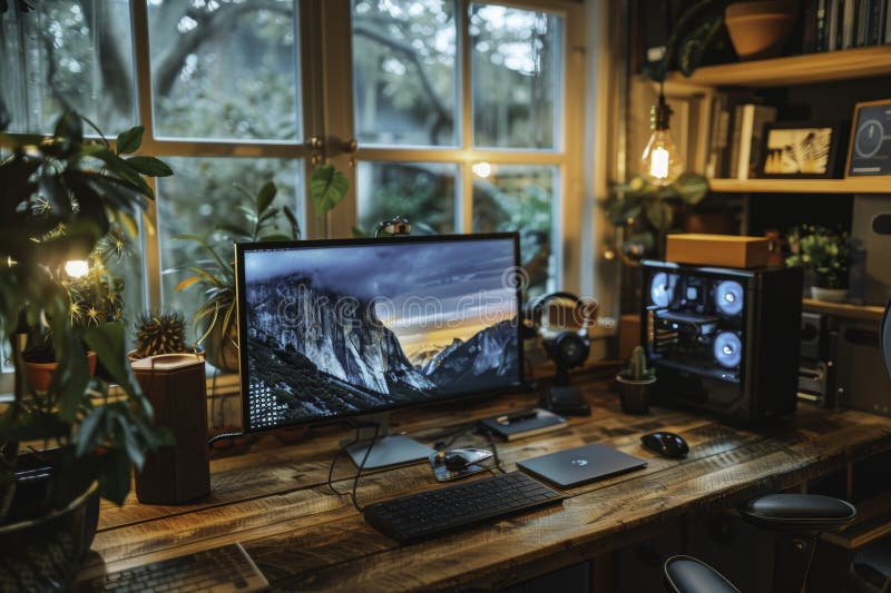 A Cozy Home Office Setup Featuring a Computer Plants and Warm Lighting ...