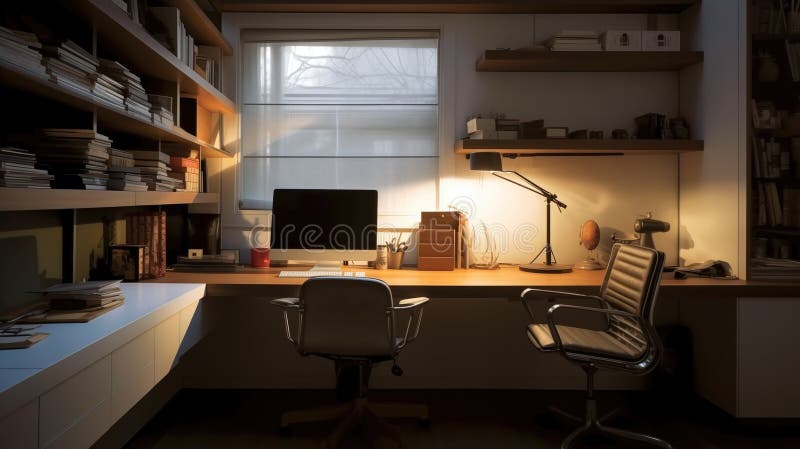 Cozy Home Office Setup with Modern Desk and Ambient Lighting Stock ...