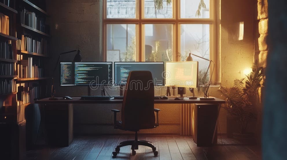 Cozy Home Office Setup with Multiple Monitors and Coding on Screen Stock Illustration ...