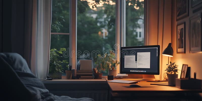 Cozy Home Office Setup Nighttime Work Space Background Wallpaper Stock ...
