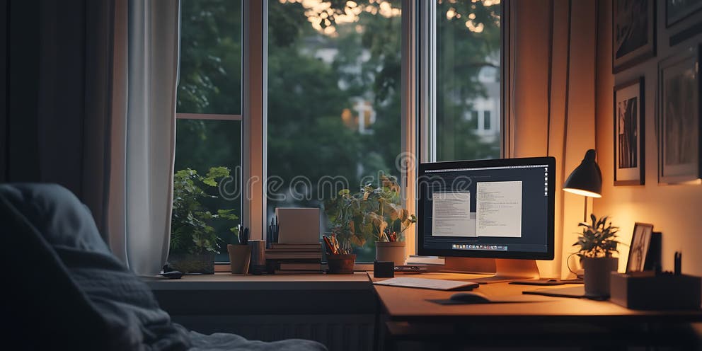 Cozy Home Office Setup Nighttime Work Space Background Wallpaper Stock ...