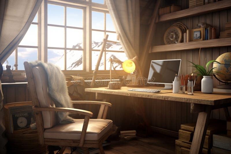Cozy Home Office Setup with a Wooden Desk and Stock Image - Image of ...