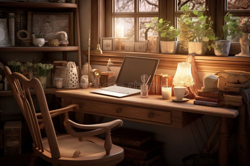 Cozy Home Office Setup with a Wooden Desk and Stock Photo - Image of ...