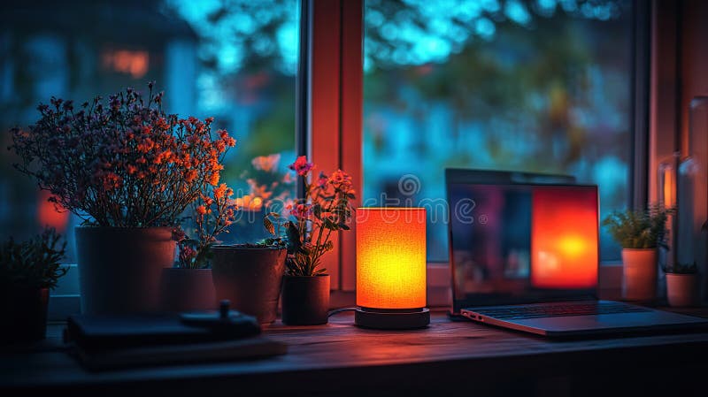 Cozy Home Office Window Scene with Warm Lighting Stock Illustration ...