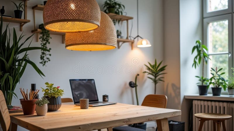 Cozy Home Office with Wooden Desk and Indoor Plants Stock Image - Image ...