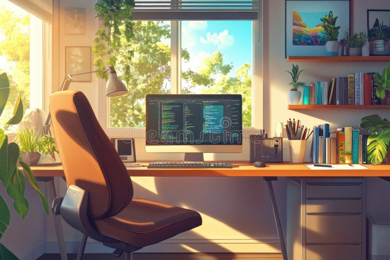 Cozy Home Office Workspace with Computer and Lush Greenery in Bright ...