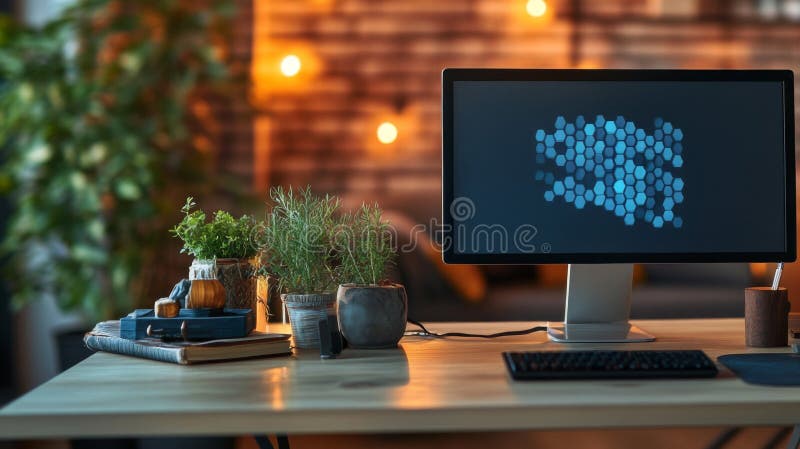 Cozy Home Office Workspace with Computer and Plants Stock Illustration ...