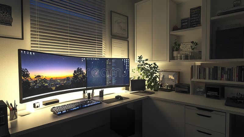 Cozy Home Office Workspace at Dusk Stock Photo - Image of home, focused ...