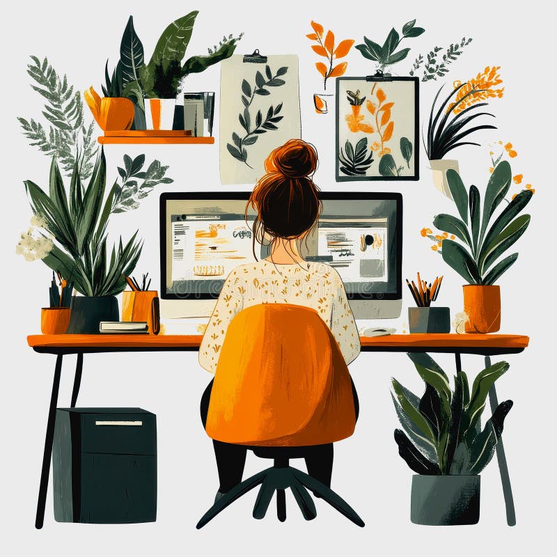 Cozy Home Office Workspace with Indoor Plants, Creative Desk Setup and ...