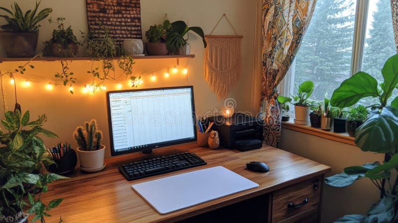 Cozy Home Office Workspace with Many Plants Stock Illustration ...