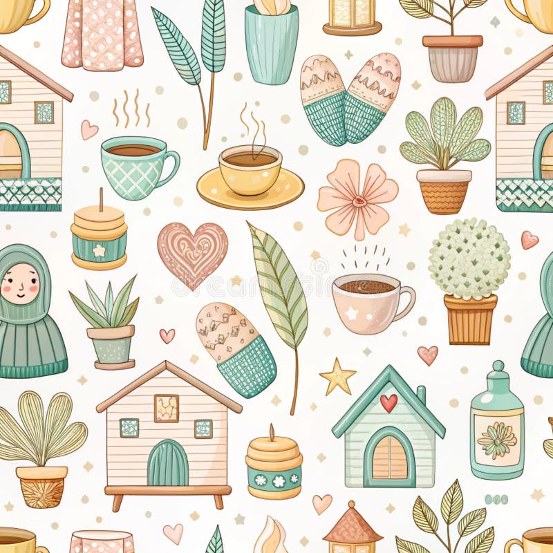 Cozy Home Pattern with Warm, Pastel Colors and Various Motifs Stock ...